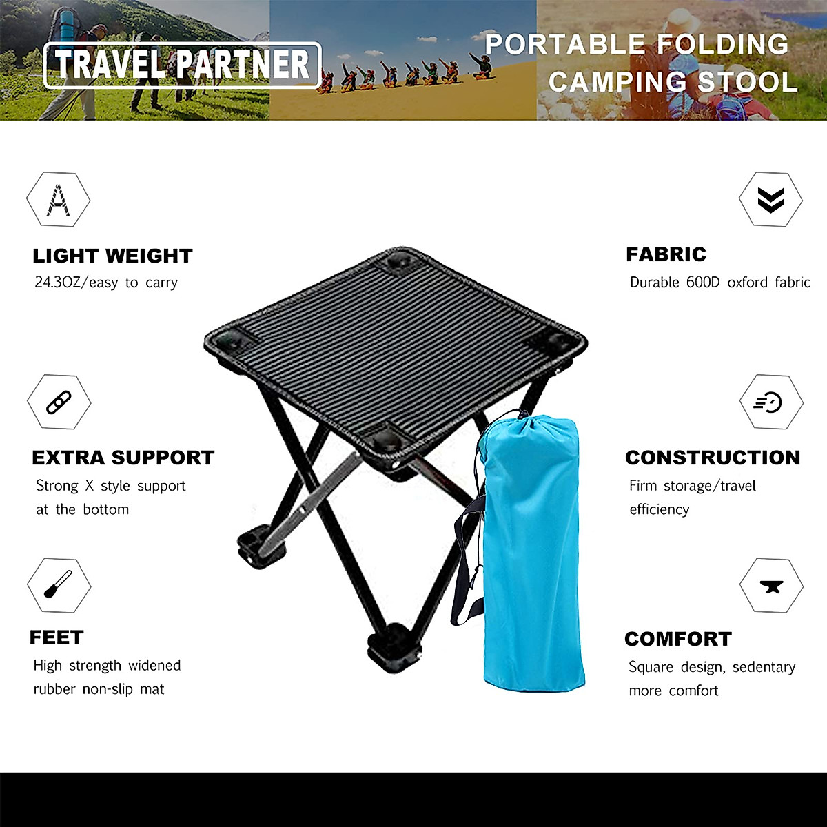 XinChangShangMao Mini Chair Folding Camping Stool Outdoor Portable Stools Lightweight with Carry Bag, Support 220 lbs, Black
