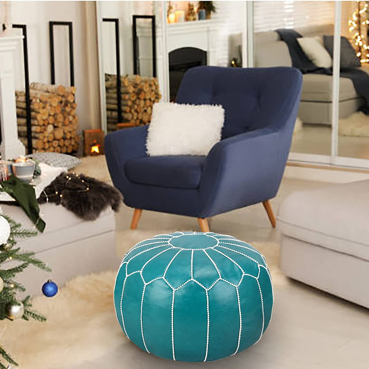 zefen Leather Pouf Unstuffed Ottoman - Moroccan Ottoman Footstool, Upholstered Pouf Futon Chair - Boho Decor for Living Room Furniture, Bedroom, Kids Room - Boho Home Gift Idea Wedding Poufs (Blue)