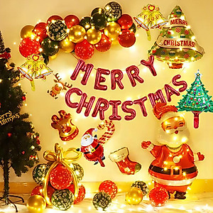 Merry Christmas With Santa Claus Christmas Tree Bells Balloons, Red Aluminum Foil Christmas Party Sign, Xmas/Xmas Eve Party Decorations Supplies Backdrops