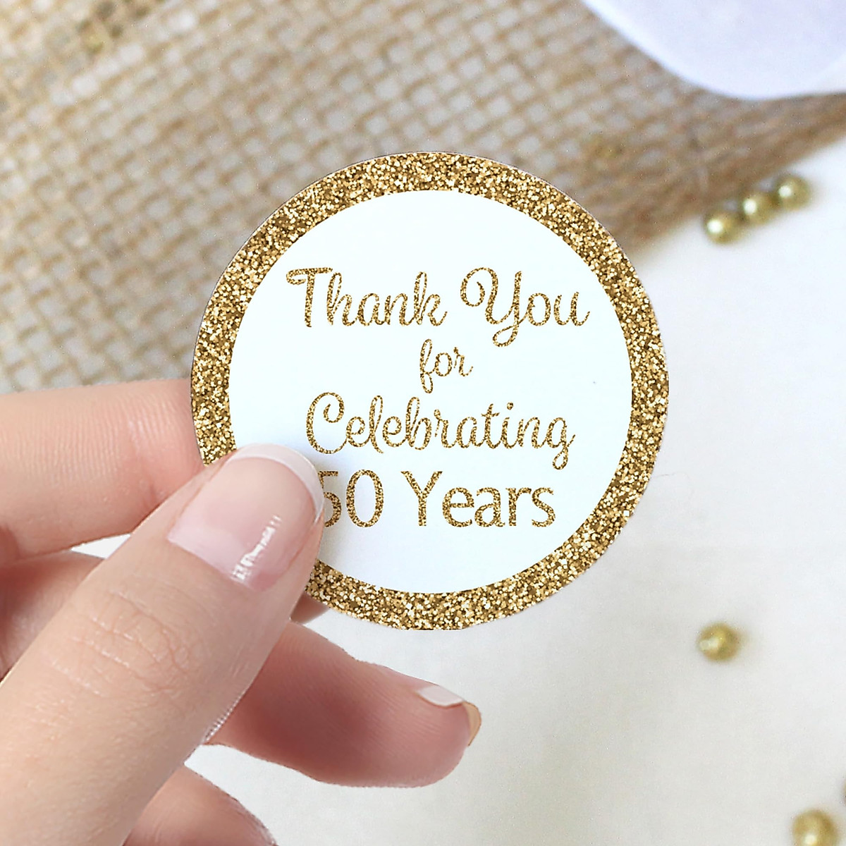 White and Gold 50th Birthday Thank You Stickers - 1.75 in - 40 Labels