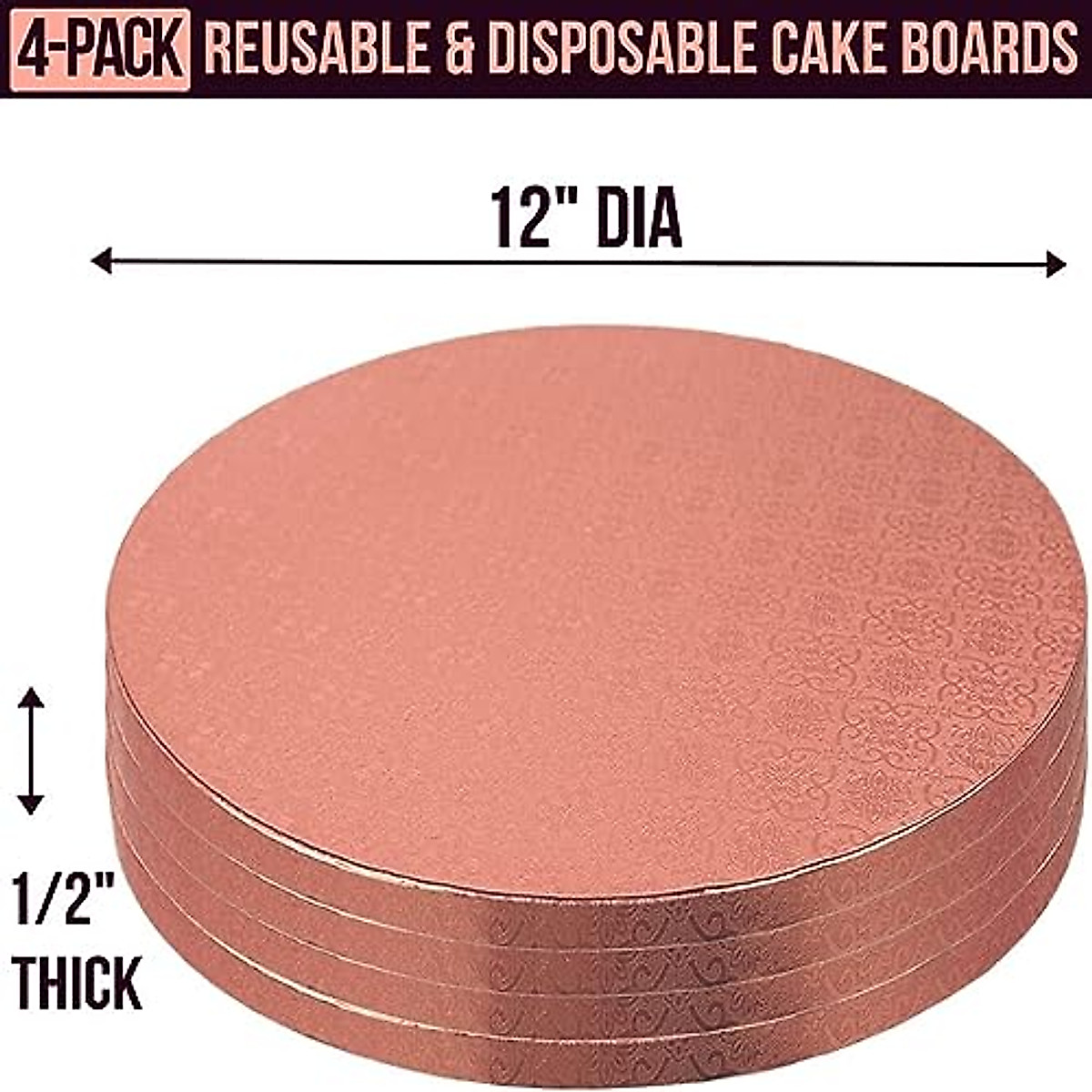 PixiPy Cake Boards (4 Pack, 12 inch, Rose Gold), Reusable Round Cake Drums for Showstopping Desserts, Heavy-Duty Disposable Cardboard Cake Bases W/Elegant Patterns, Cake Decorating Supplies