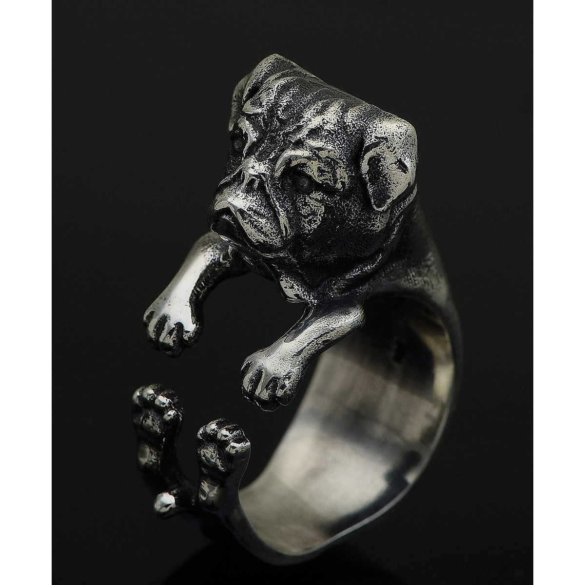 Pug Dog Adjustable Biker Ring With Black Spinel Gemstone 925 Sterling Silver (Silver, 6)