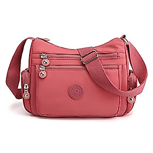 YaJaMa Multi Zipper Women Crossbody Bag Large Capacity Nylon Travel Shoulder Messenger Bag Handbag Satchel (Pink)