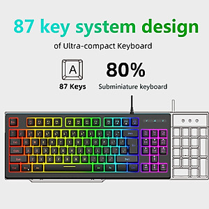 Septpenta Mechanical Gaming Keyboard, RGB 87 Keys Ultra Slim LED Backlit Wired Keyboard, Dual Color Injection Keycaps, Ergonomic Keyboard, Compatible with Win7, Android, OS, Etc