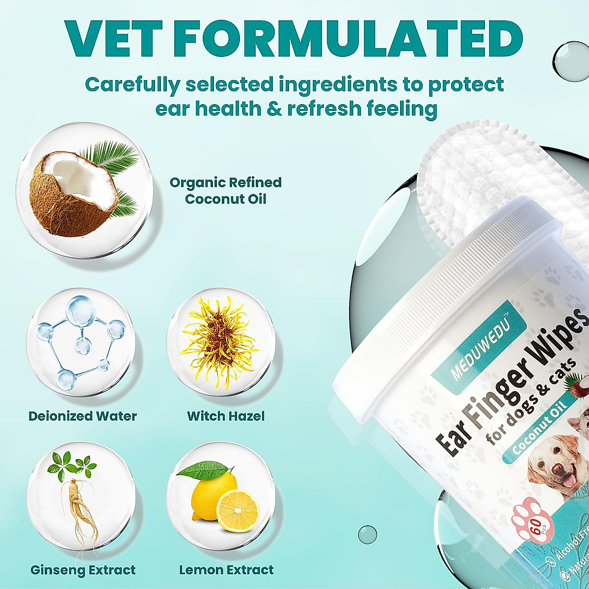 MEDUWEDU Ear Cleaner Finger Wipes 60 Counts, Dog Ear Cleaner, Grooming Kit Care for Dogs and Cats, Soft & Easy Otic Cleaning Pads, Remove Wax, Dirt & Stop Smelly, Itchy, Non-Irritating, Coconut Scent