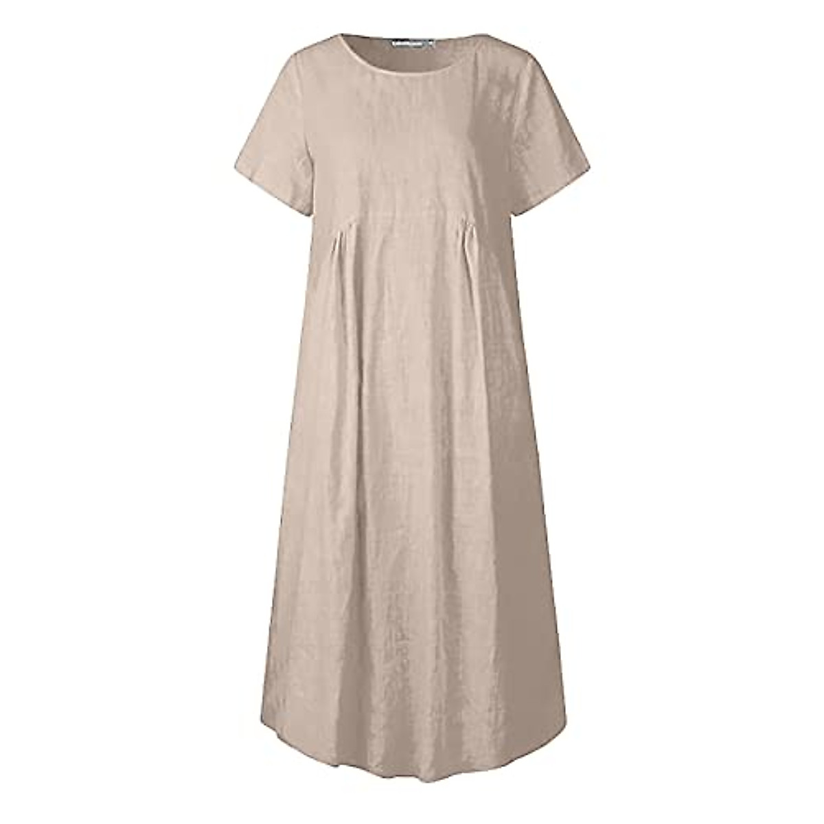Women's Short Sleeve Crew Neck Loose Midi Linen Dress Casual Summer Solid Color Cotton Linen Dresses with Pockets