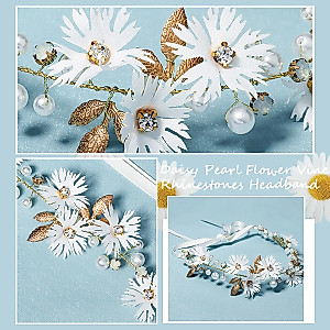 Auswalar 2 PCS Daisy Pearl Flower Vine Rhinestones Headband, Flower Headband Floral Hair Wreath Headpiece for Bridal Women Girls Hippie Wedding Party