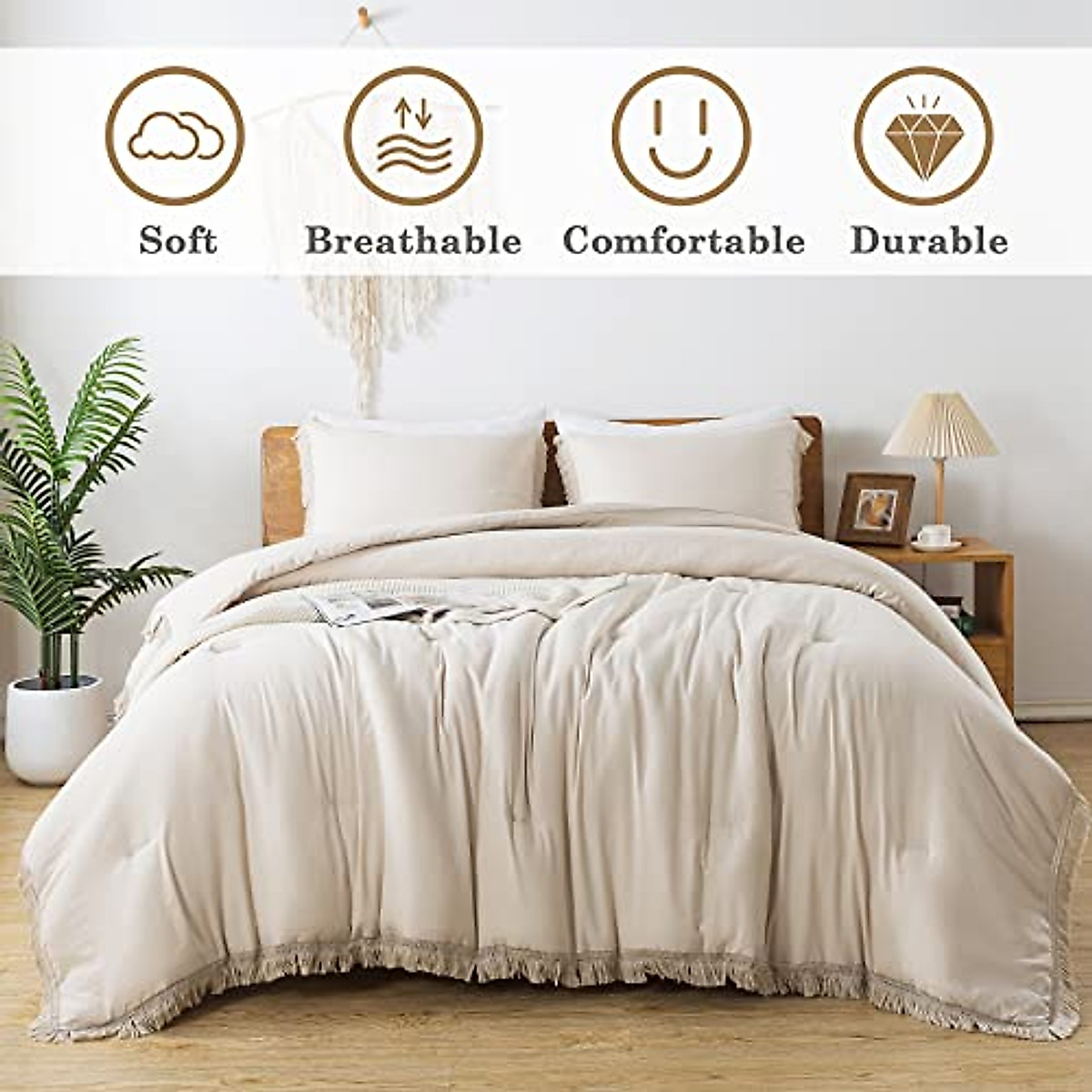Andency Beige Comforter Set California King, Boho Tassel Lightweight Bedding Comforter Sets, 3 Pieces All Season Soft Fluffy Fringe Bed Set (104x96In Comforter & 2 Pillowcases)