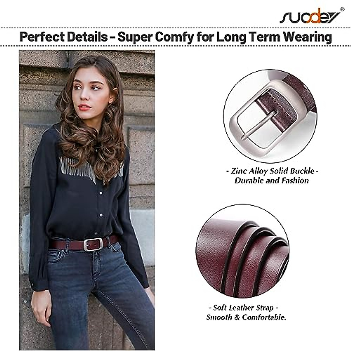 SUOSDEY Fashion Womens Genuine Leather Belt, Waist Belt with Pin Buckle for Jeans Pants, coffee,width 1.3'',Medium: fits waist from 31''-37''