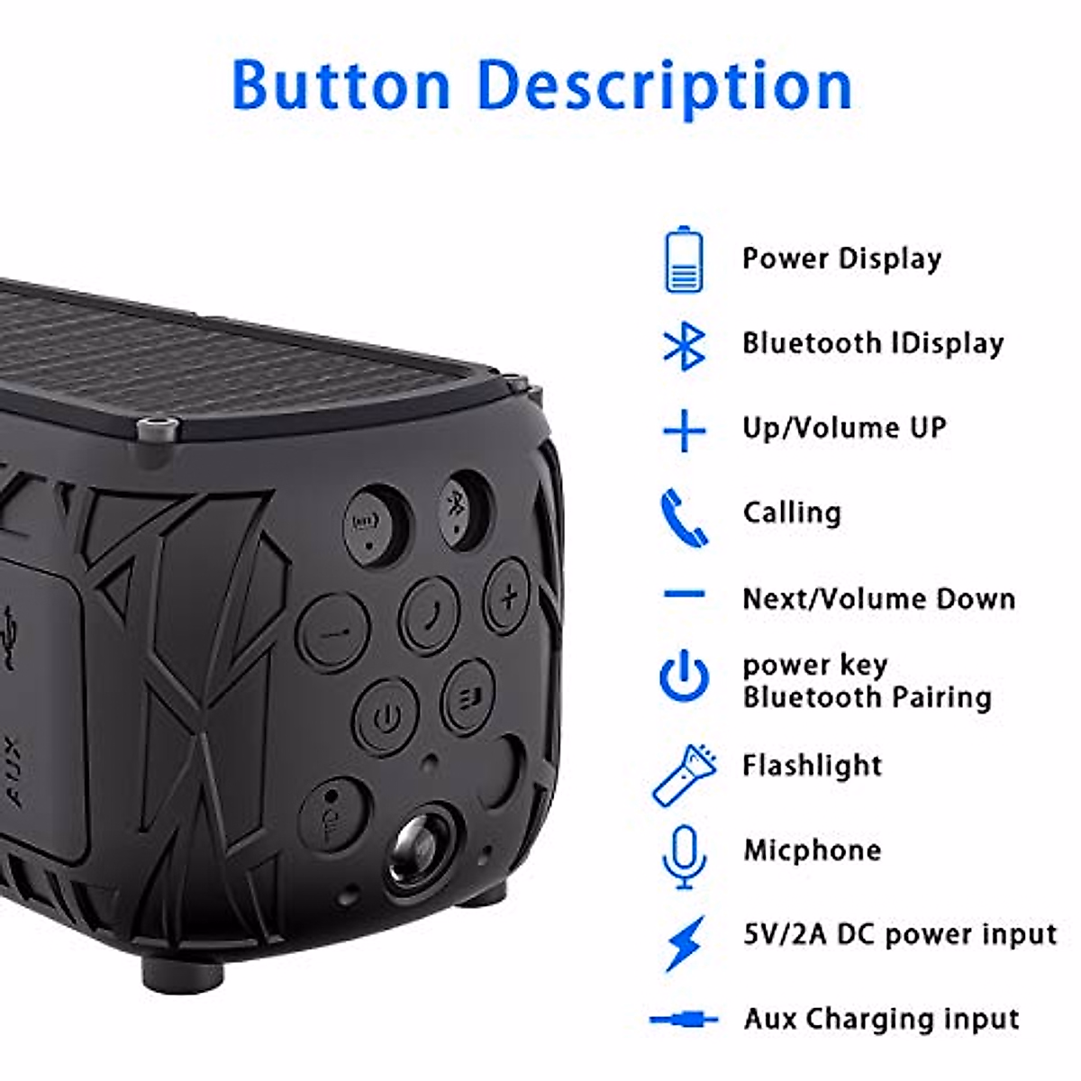 ABFOCE Solar Bluetooth Speaker Portable Outdoor Bluetooth IPX6 Waterproof Speaker with 5000mAh Power Bank,60 Hours Play Time Dual Speaker with Mic, Stereo Sound with Bass Home Wireless Speaker-Black