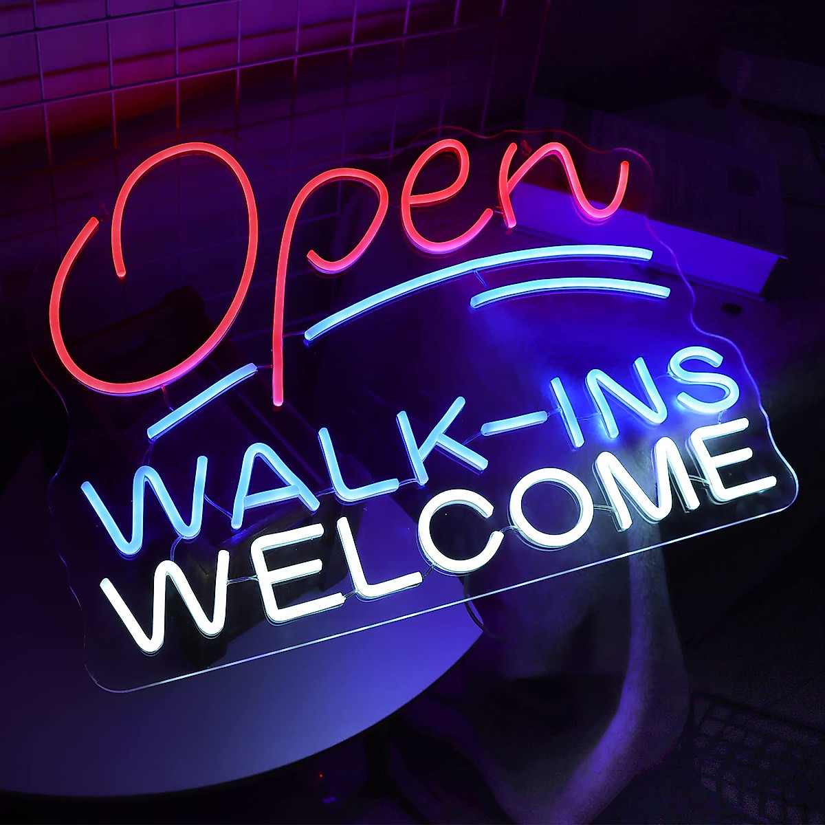 Vinray Large Open Walk Ins Welcom Neon Sign,Led Open Business Signs for Shop Bar Club Pub.Super Bright Light Red Open for Barber Shop or Restaurant,12V Powered.