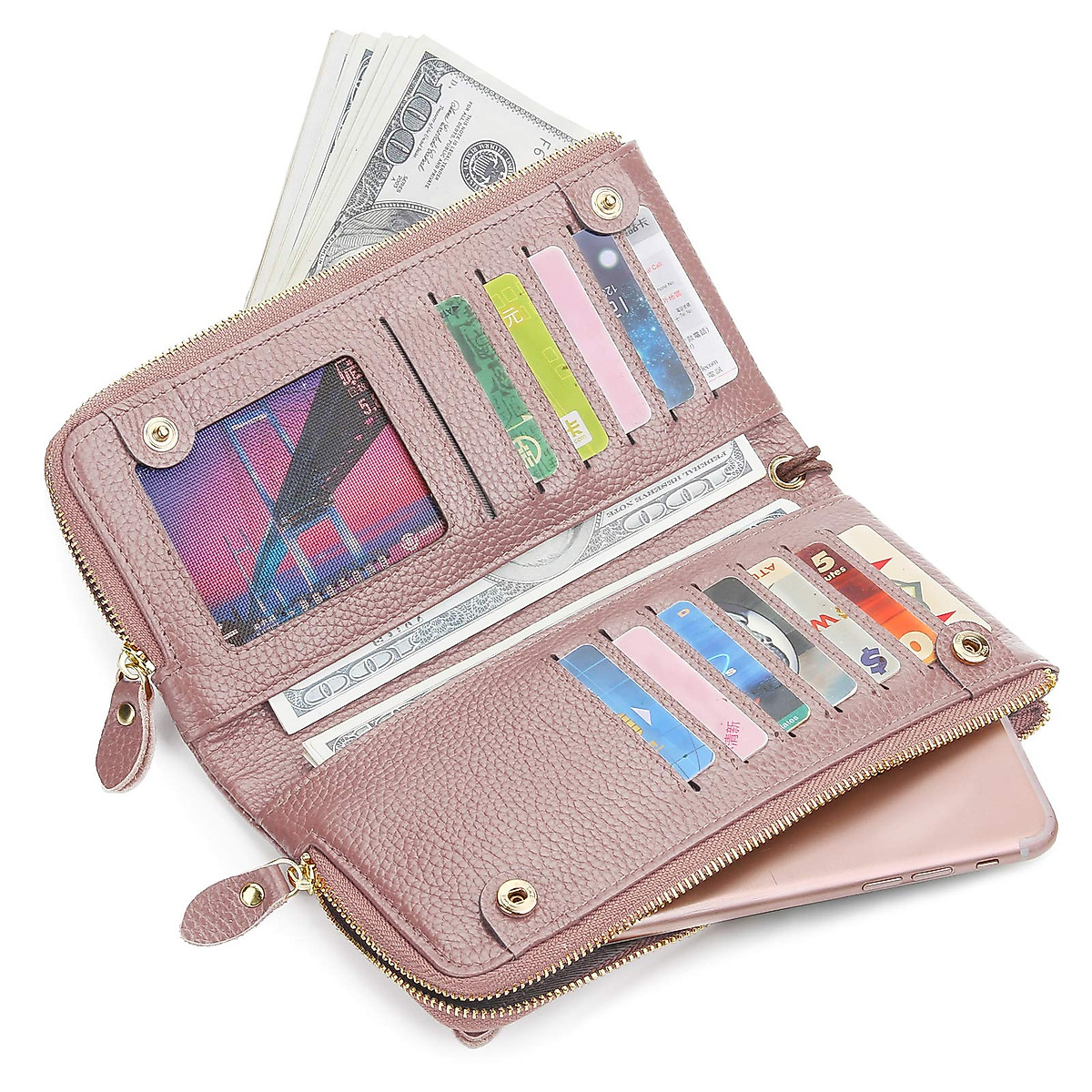 YALUXE Women's Genuien Leather Wristlet Wallets with Multi Card Slots Double Zipper Pocket