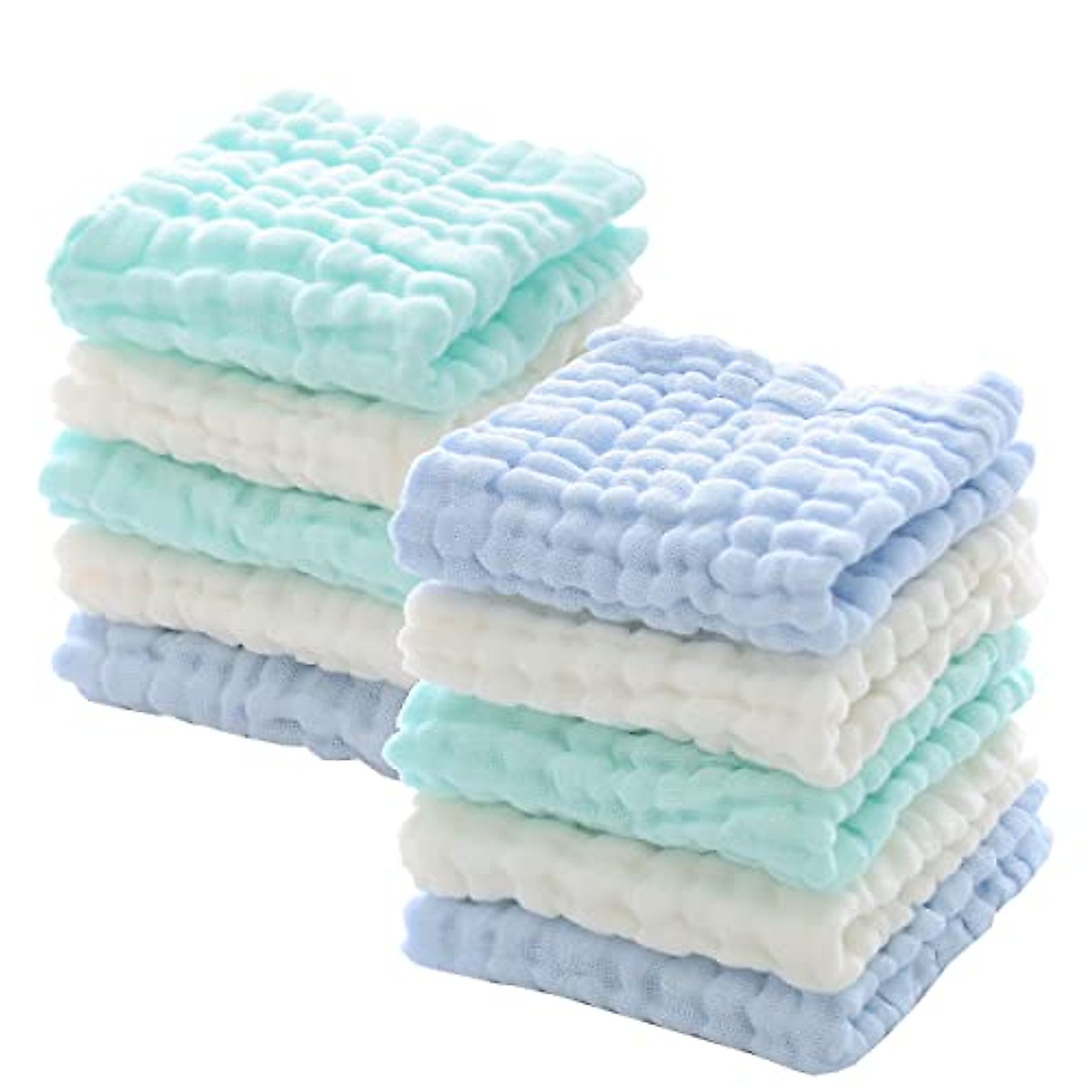 MUKIN Baby Washcloths - Soft Face Cloths for Newborn, Absorbent Bath Face Towels, Baby Wipes, Burp Cloths or Face Towels, Baby Registry as Shower. Pack of 10 (Green,Blue,White)