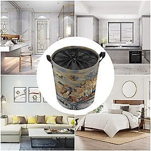 Brebasf Abstract Hunting Theme Duck Dirty Clothes Hampers Drawstring Large Volume,Vintage Farmhouse Oil Painting Forest Chickens Ducks Laundry Hamper Storage Basket-13.8"W X13.8"L X17.3"H