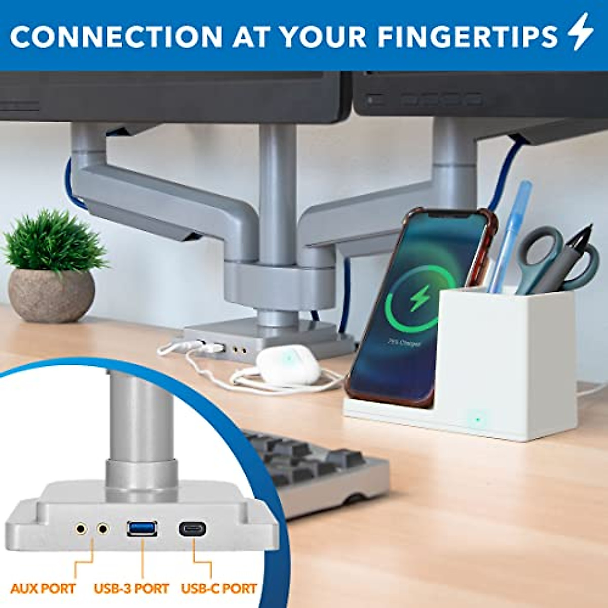 Mount-It! Triple Monitor Mount | Desk Stand with USB and Audio Ports | 3 Counter-Balanced Gas Spring Height Adjustable Arms for Three 24 27 30 32 Inch VESA Screens | C-Clamp and Grommet Bases Included