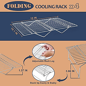 E-far 4-Tier Cooling Rack, 15”x10.1" Stainless Steel Stackable Wire Cooling Rack for Baking Cooking Cookies, Folding Leg & Non-toxic, Oven Safe & Dishwasher Safe