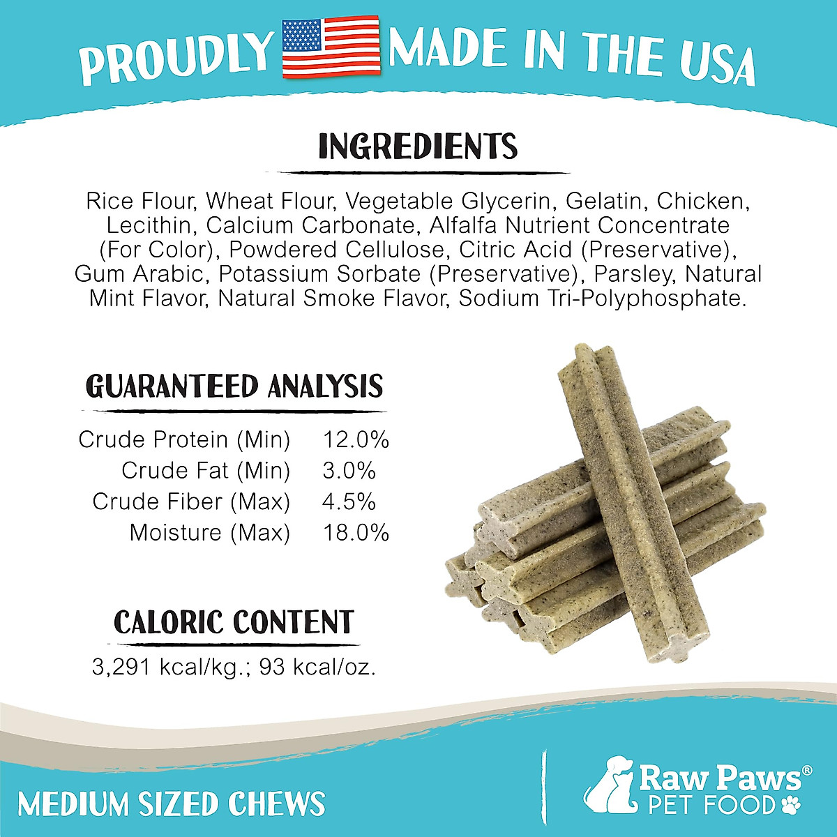 Raw Paws Dental Chews for Dogs, Medium Size, Mint Flavor, 26-oz. 29 Ct. - Made in USA - Freshen Breath & Fight Plaque & Tartar - Dog Teeth Cleaning Treat - Dog Breath Treats - Dental Sticks for Dogs