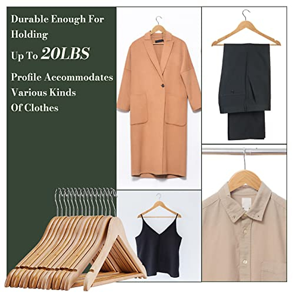 Flottian Wood Hangers 20 Pcs Solid Wooden Hangers Premium Clothes Hanger Smooth Finish Coat Hanger Heavy Duty Hangers for Shirt, Jacket, Pant, Dress （Natural）