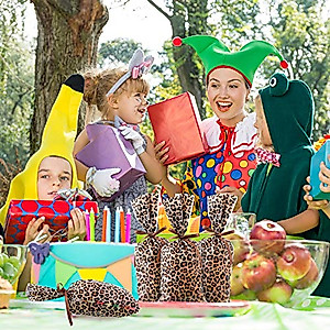 100 Pieces Leopard Print Treat Bags Leopard Candy Bags Easy to Seal Animal Print Cellophane Cookie Bags with 1 Roll Brown Fabric Ribbon for Zoo or Jungle Party Supplies