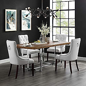 InspiredHome White Leather Dining Chair - Design: Alberto | Set of 2 | Tufted | Ring Handle | Chrome Nailhead Finish