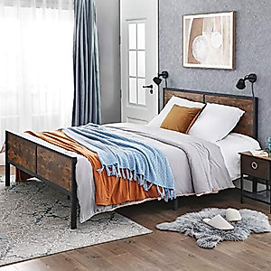 VASAGLE Queen Size Metal Bed Frame with Headboard, Footboard, No Box Spring Needed, Platform Bed, Under-Bed Storage, Industrial Style, Rustic Brown and Black URMB001B01