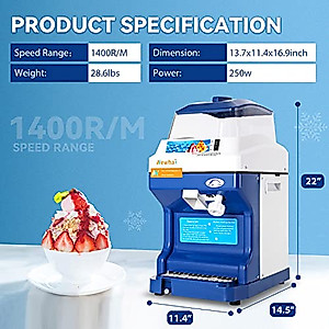Newhai Ice Shaver Commercial Ice Crusher Electric Shaved Ice Machine 300W Automatic Snow Cone Maker 1400RPM Thickness Adjustable 441 LBS/H Ice Shaving Machine