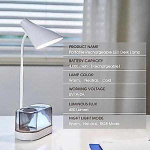 Bestoy Desk Lamp, Rechargeable LED Desk Light, Small Lamp with Pen Holder and Night Light for Study, Reading, Small Desk lamp for Dorm. College Dorm Room Essentials, Stepless Dimming, Eye Caring