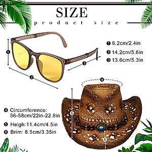 Zhanmai Men Women's Woven Straw Cowboy Cowgirl Hat with Foldable Sunglasses Wide Brim Western Straw Hat Cowboy Costume Accessories(Dark Brown)