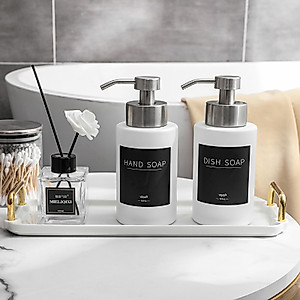 Foaming Soap Dispenser Set, 17 Oz White Glass Hand Soap Dispenser with 304 Rust Proof Stainless Steel Pump, Waterproof Labels, Bottles for Bathroom Decor Kitchen College Dorm, 2 Pack