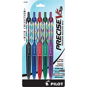 PILOT Precise V5 RT Deco Collection Refillable & Retractable Liquid Ink Rolling Ball Pens, Extra Fine Point (0.5mm) Black/Blue/Red/Green/Purple Inks, 5-Pack (41980)
