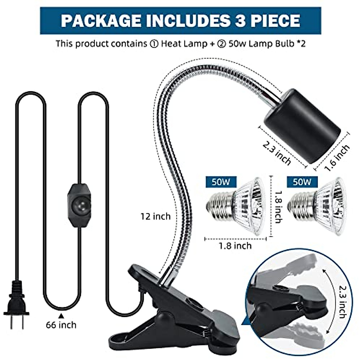 BINANO Heat Lamp for Reptiles Turtle with 25W/50W UVB UVA Bulb with Adjustable Heat Switch with 360 Adjustable Angle&Strong Clips for Reptiles Aquarium/Tank