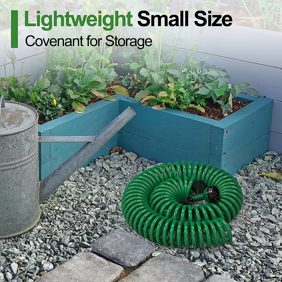 SPECILITE Lightweight Coil Garden Hose 50 FT× 3/8”, EVA Flexible Coiled Water Hose with 6-Pattern Spray Nozzle, Retractable Curly Recoil Watering Hoses and No Kink for Boat, Greenhouse, Yard, patio