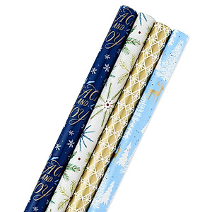 Hallmark Holiday Wrapping Paper Bundle with Cut Lines on Reverse, Quirky Christmas (Pack of 4, 120 sq. ft. ttl) Yeti, Santa, Penguin, Snowflakes, Blue, Gold
