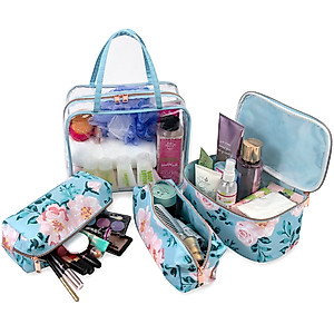 Emma & Chloe 4 Piece Toiletry Bag Set, Waterproof Home, Travel Cosmetic Train Case Makeup Bags for Women with Handle, Zipper – 4 Makeup Bags Set (Floral Florish)