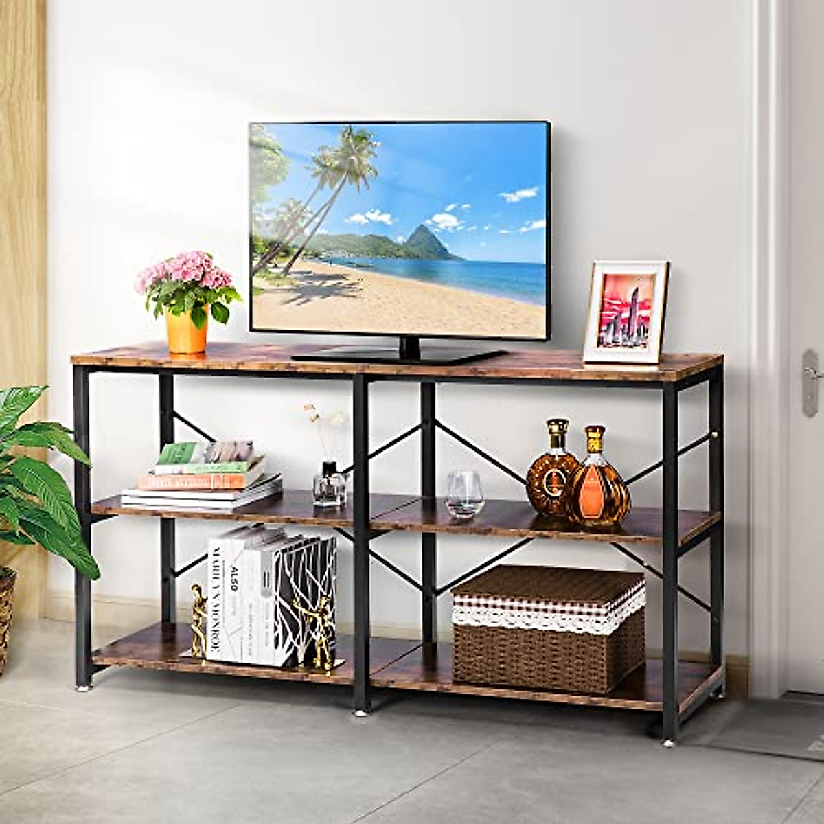 VIVOHOME 55 Inch Narrow Console Table, Industrial Sofa Table Behind Couch with 3-Tier Storage Shelves, Metal Frame, Easy Assembly, for Entryway, Hallway, Living Room