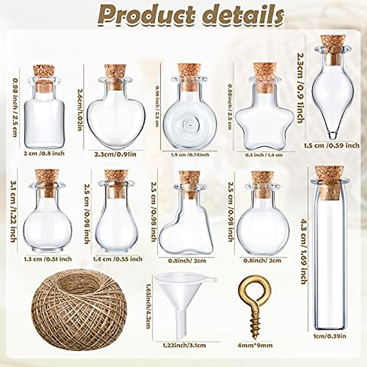 100 Pieces Small Mini Glass Bottles Jars with Cork Stopper Set Tiny Empty Refillable Wishing Bottles Drifting Bottles with Eye Screws Funnels and Rope for DIY Crafts Bead Containers, 10 Shapes