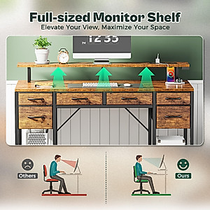 Huuger Computer Desk with Power Outlets and LED Lights, 47 Inch Gaming Desk with 6 Drawers, Office Desk with Monitor Stand, Writing Desk Work Desk, Mesh Shelves, Rustic Brown