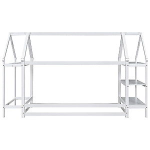 HomSof Twin House-Shaped Floor Bed with Bookshelf and HallTrees,White,108.6”x44.8”x66.2”