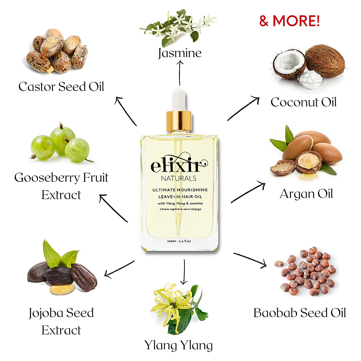 Elixir Naturals - Natural Hair Oil, Adds Shine, Strength and Nourishment to Dry, Frizzy, Damaged, Curly & Colored Hair. Leave-In Styling Hair Oil and Treatment for Dry Damaged Hair. 100ml