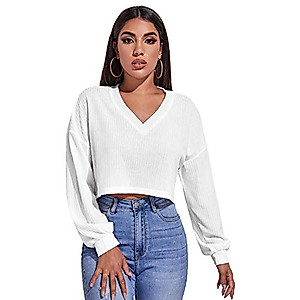 SheIn Women's Pullover Cropped Tshirt Long Sleeve V Neck Casual Crop Tops White X-Large