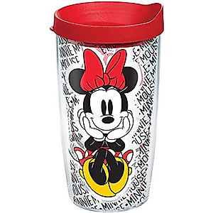 Tervis Disney - Minnie Mouse Name Pattern Tumbler with Wrap and Red Lid 16oz, Clear