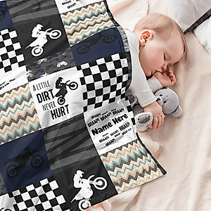 Personalized Motocross Dirt Bike Minky Baby Blankets with Name, Custom Motorcycle Blanket for Boys Kids - Neutral Motocross Baby Plaid Blanket for Infant Newborn