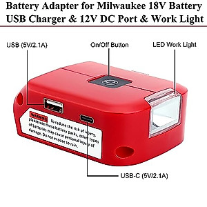 Dual USB Charger Adapter Replacement for Milwaukee M18 Power Source 49-24-2371 with LED Work Light, Compatible with Milwaukee M18 Battery 48-11-1850 48-11-1862 48-11-1820