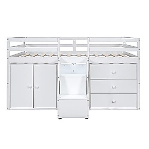 MOEO Full Size Functional Loft Bed with Cabinet, 3 Drawers and Hanging Clothes at The Back of The Staircase, Wooden Bedframe w/Movable Wheels, Maximum Space Design for Kids Bedroom, White