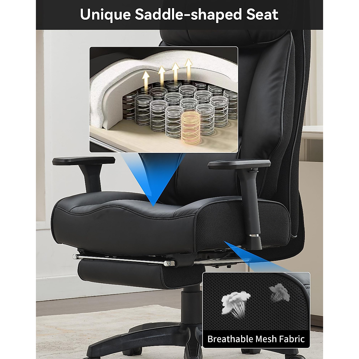 DJ·Wang Big and Tall Office Chair 400lbs, Executive Office Chair with Foot Rest, High Back Office Chair with Back Support, Oversized Office Chair for Heavy People, Leather Office Chair Black