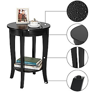 IDEALHOUSE Black End Table Living Room Small Side Table with 2-Tier Storage Shelves Round Bedside Tables Bedroom Elegant Slim Coffee Table for Small Spaces