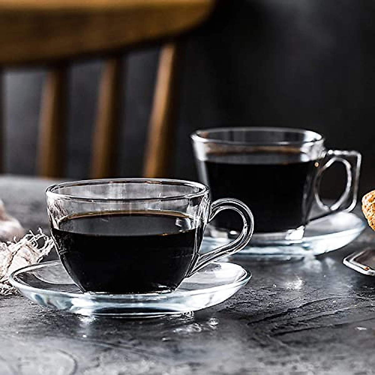 Tosnail 6 Pack 7-Ounce Glass Tea Cups and Saucers Sets Glass Coffee Mugs