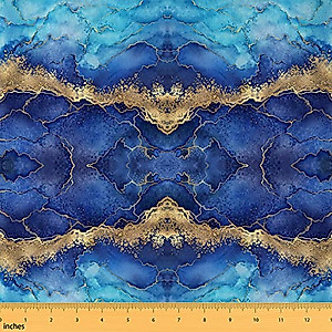 Blue Gold Upholstery Fabric, Marble Abstract Art Fabric by The Yard, Marble Texture Decorative Fabric for Upholstery and Home Accents, Blue Ombre Watercolor Quicksand Outdoor Fabric, 3 Yards