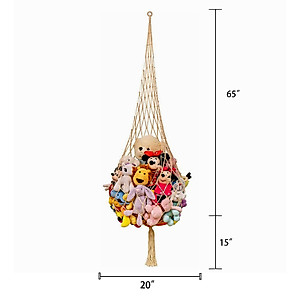 Stuffed Animal Net Large Toy Hammock Macrame Plush Toy Display with One Hook for Corners, Walls and Ceiling Hanging Net Stuff Animal Storage for Kid Room Bedroom Playroom (Beige)