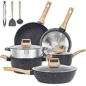 SODAY Pots and Pans Set, Nonstick Kitchen Cookware Sets, 12 Pcs Induction Cookware Granite Cooking Set with PFOS & PFOA Free Frying Pans, Saucepans, Steamer Silicone Shovel Spoon & Tongs (Black)